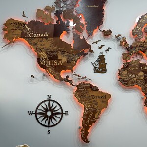 3D LED RGB Map of the World Neon Map Wall 3D Wooden World - Etsy