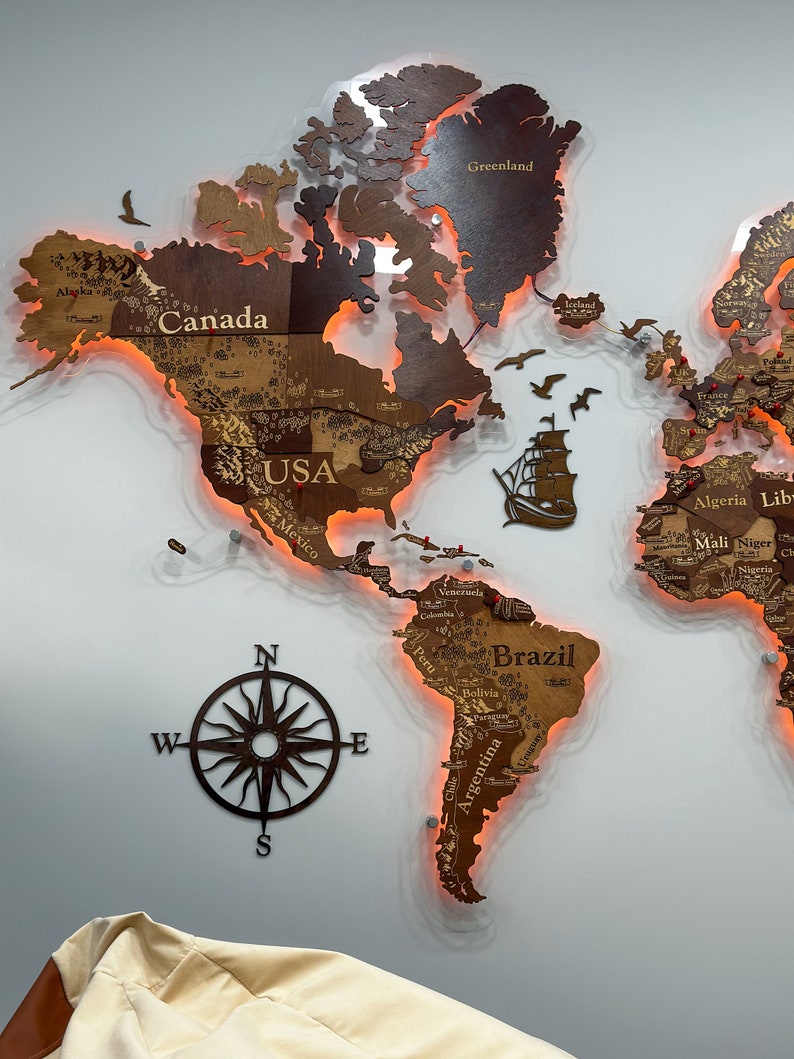 3D LED RGB Map of the World Neon Map Wall 3D Wooden World - Etsy