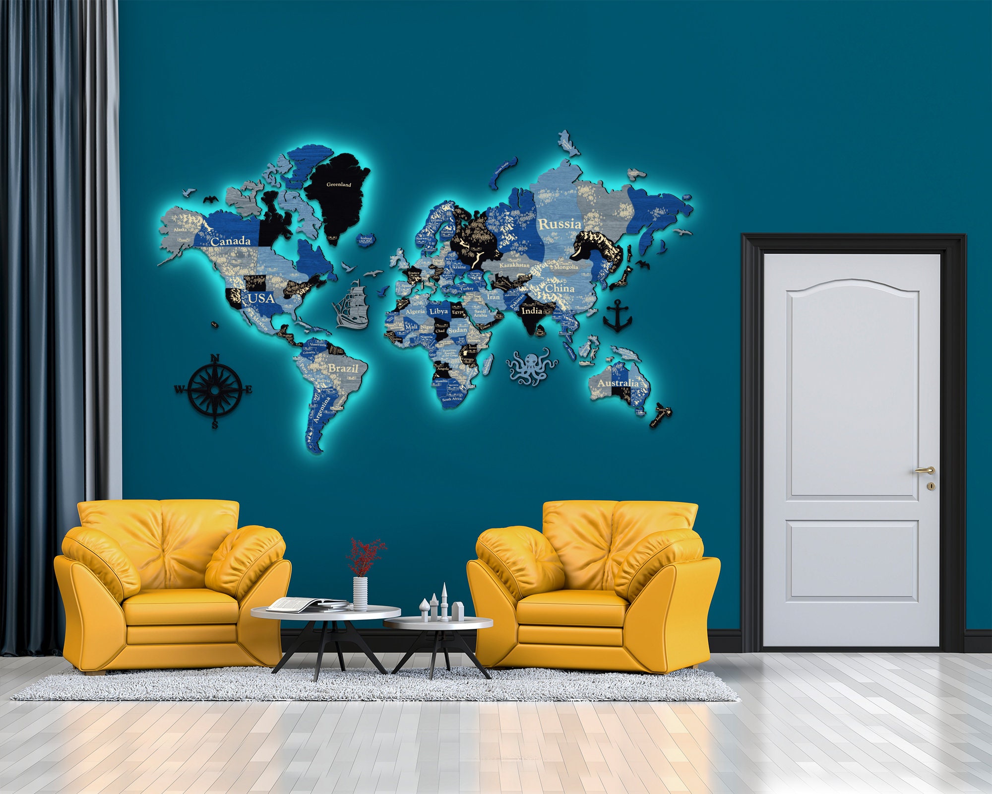 RGB LED 3D Wooden World Map 3D LED Wooden Map of the World - Etsy UK