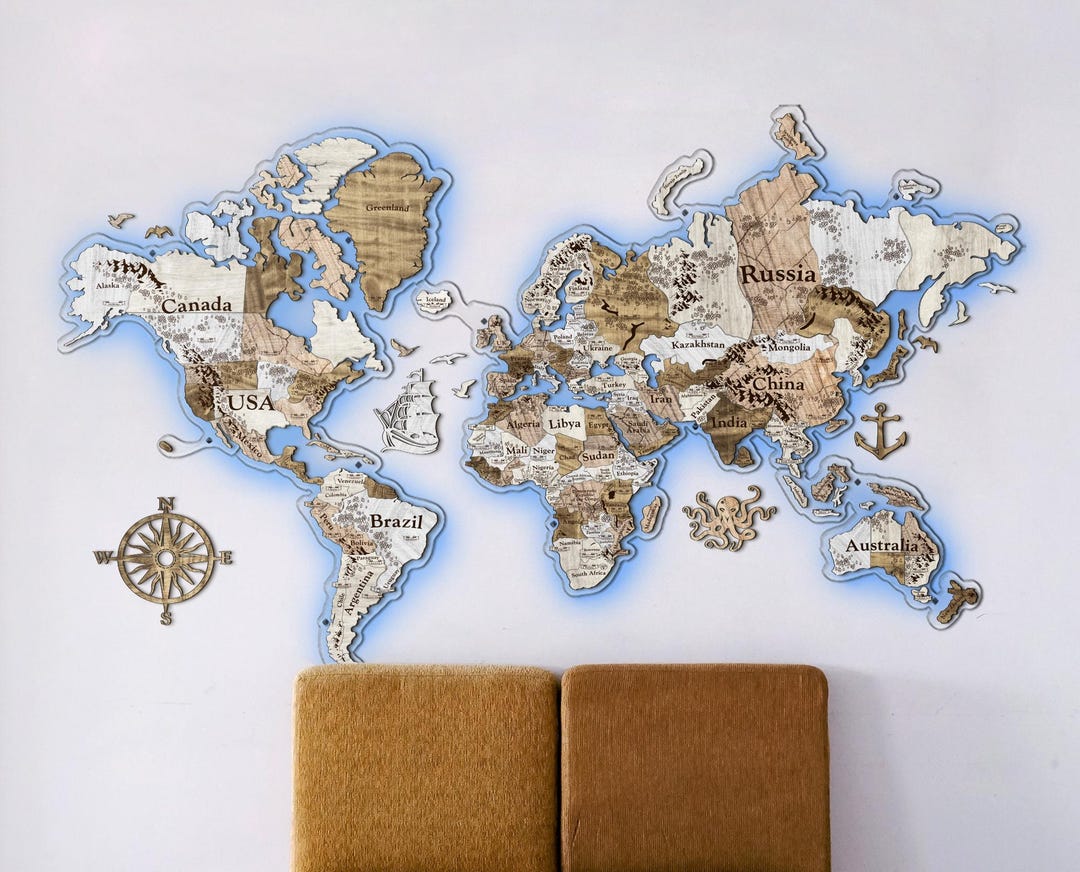 LED 3D Wooden World Map, 3D Wall Map LED Backlighted, Wooden Map of the ...