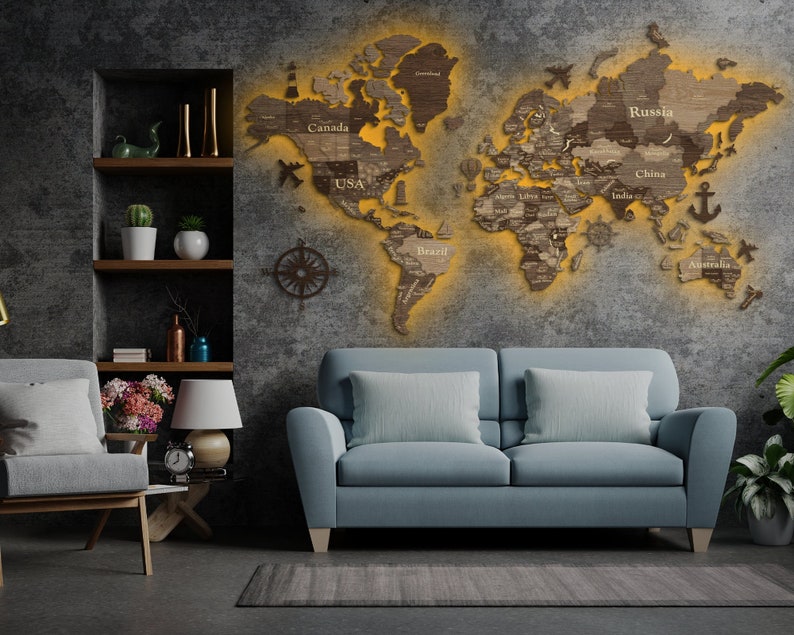 3D Led World Map 3D Backlit Map Wood Travel Map Push Pin - Etsy