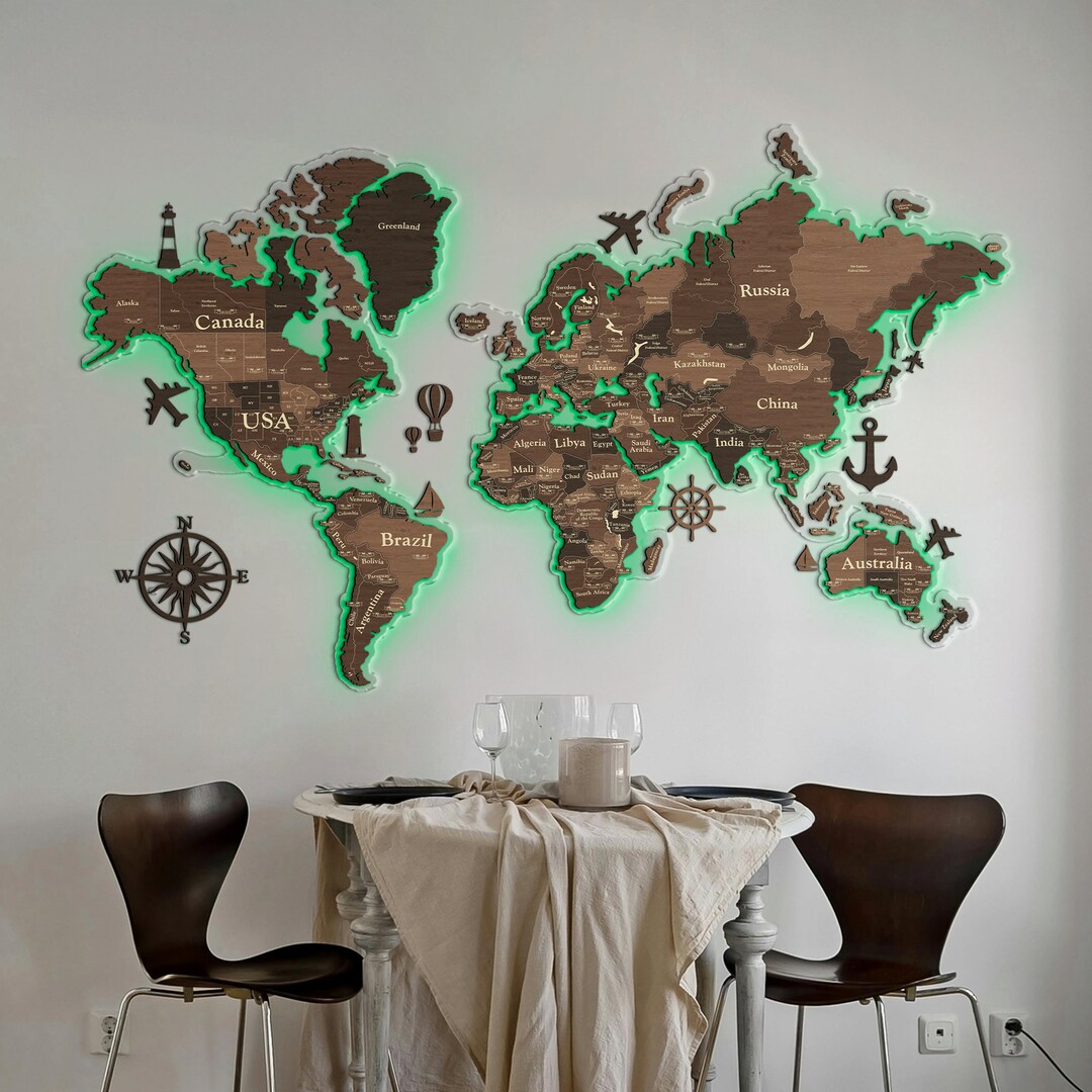RGB LED 3D Wooden World Map, Led Wall Map Illuminated Decor, Push Pin ...