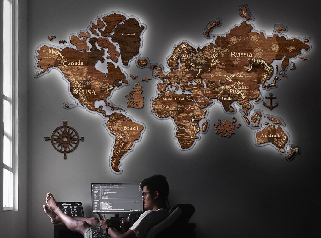 3D Wall Map With LED, Map of the World, Remote Control RGB LED Wall Map ...