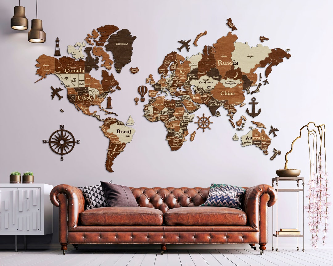3D Wooden Push Pin Map, Wood Wall Map Collage, 3D Map of the World ...
