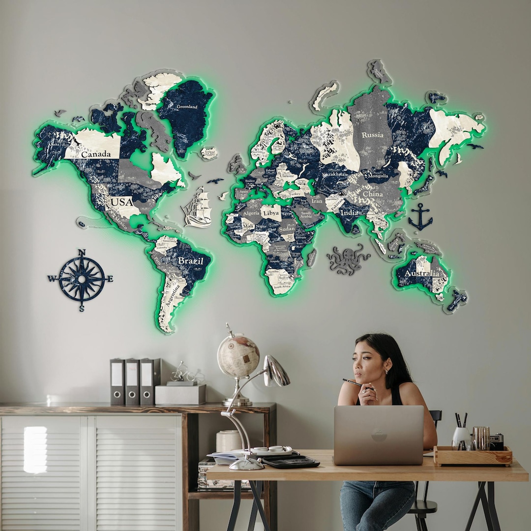 Map With Backlight, Wooden World Map, 3D LED Wooden Map of the World ...
