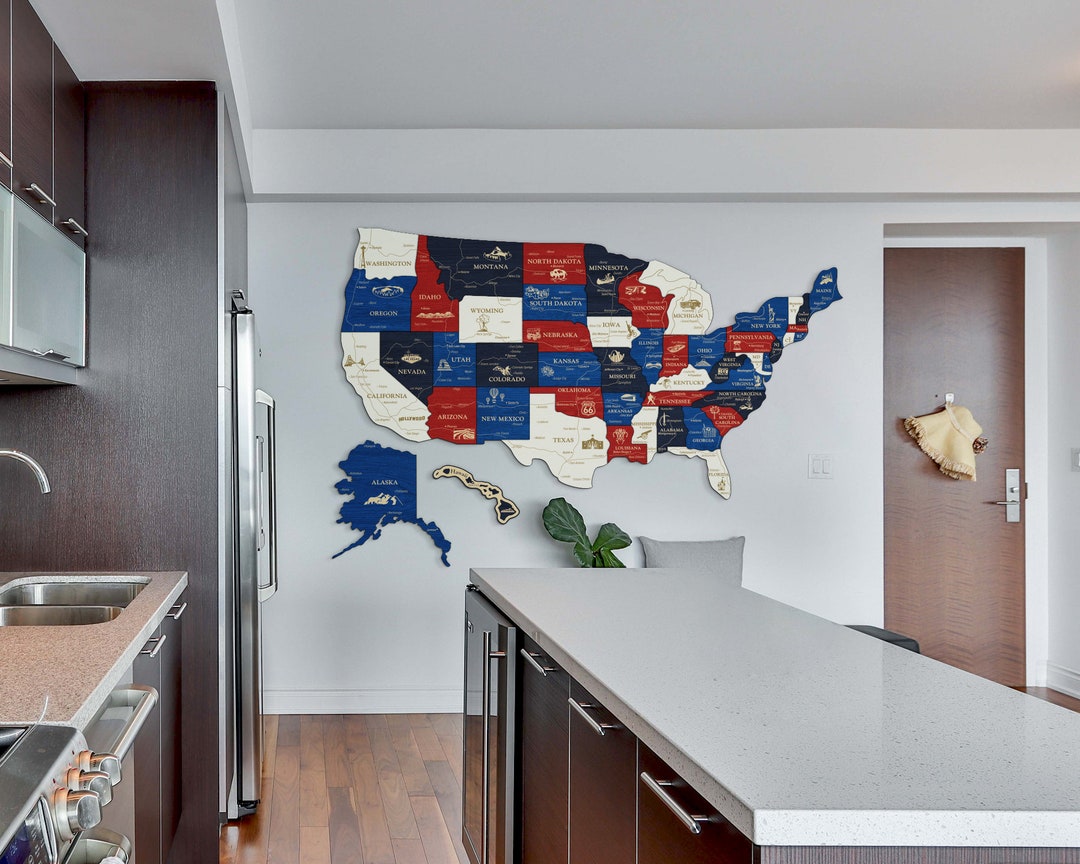 Large Wood Map of the United States, Wooden 3D USA Map With Famous ...