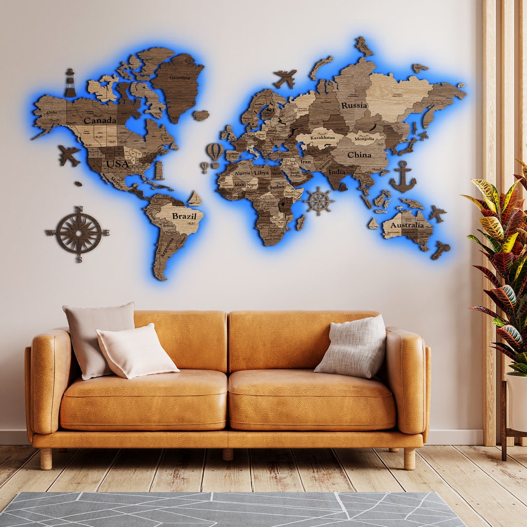 3D Map of the World With LED Lighting, RGB LED 3D Wooden World Map ...