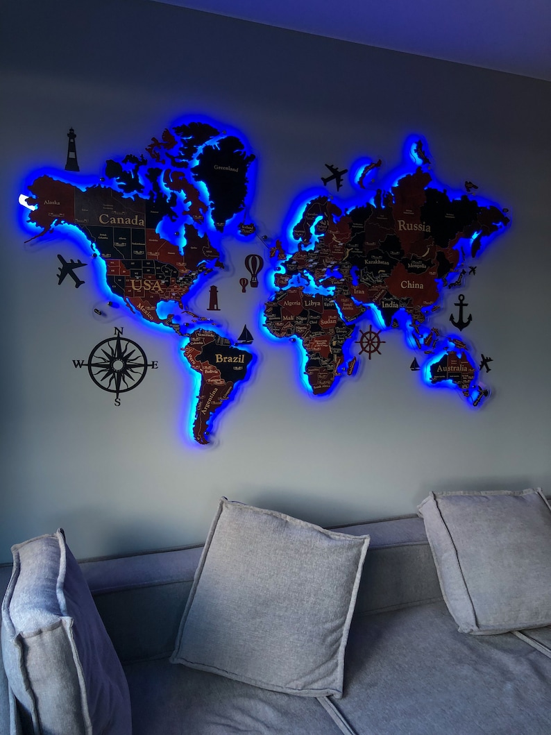 3D Wooden Wall Map Art Led Wall Art Illuminated Map of - Etsy