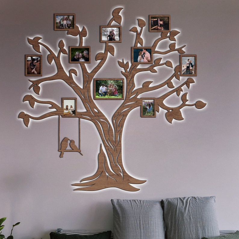 Led Family Tree Wooden Family Tree With Photo Frames and Led | Etsy