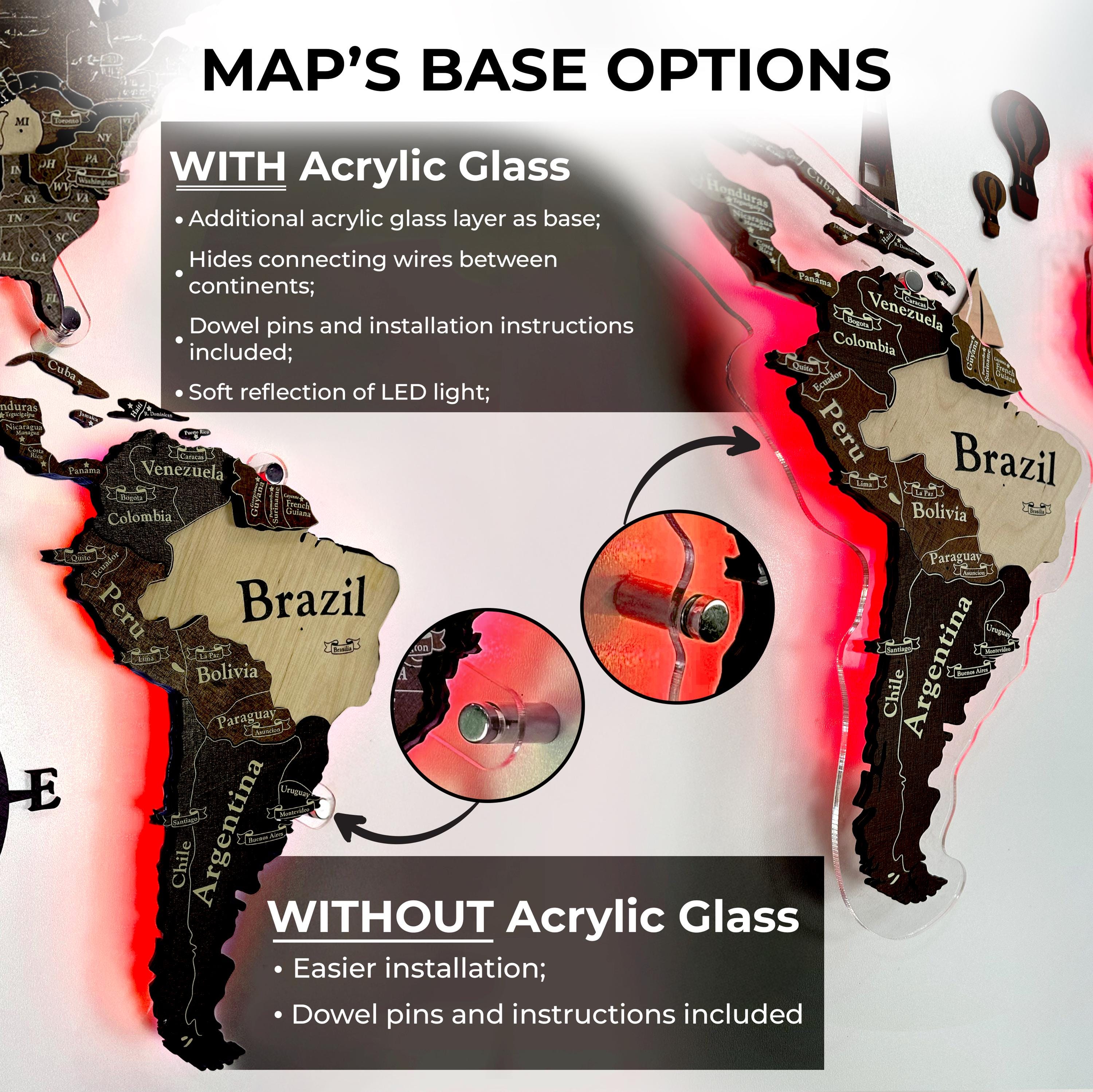 3D Led World Map, 3D Backlit Map, Wood Travel Map, Push Pin Map, Gift ...