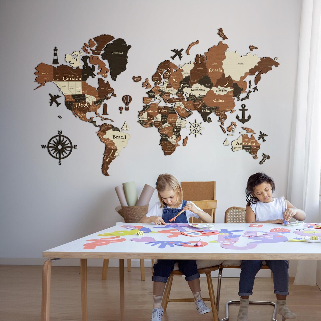 3D Wood World Map, Large Wall Art, Wood Wall Map, Wall Map of the World ...
