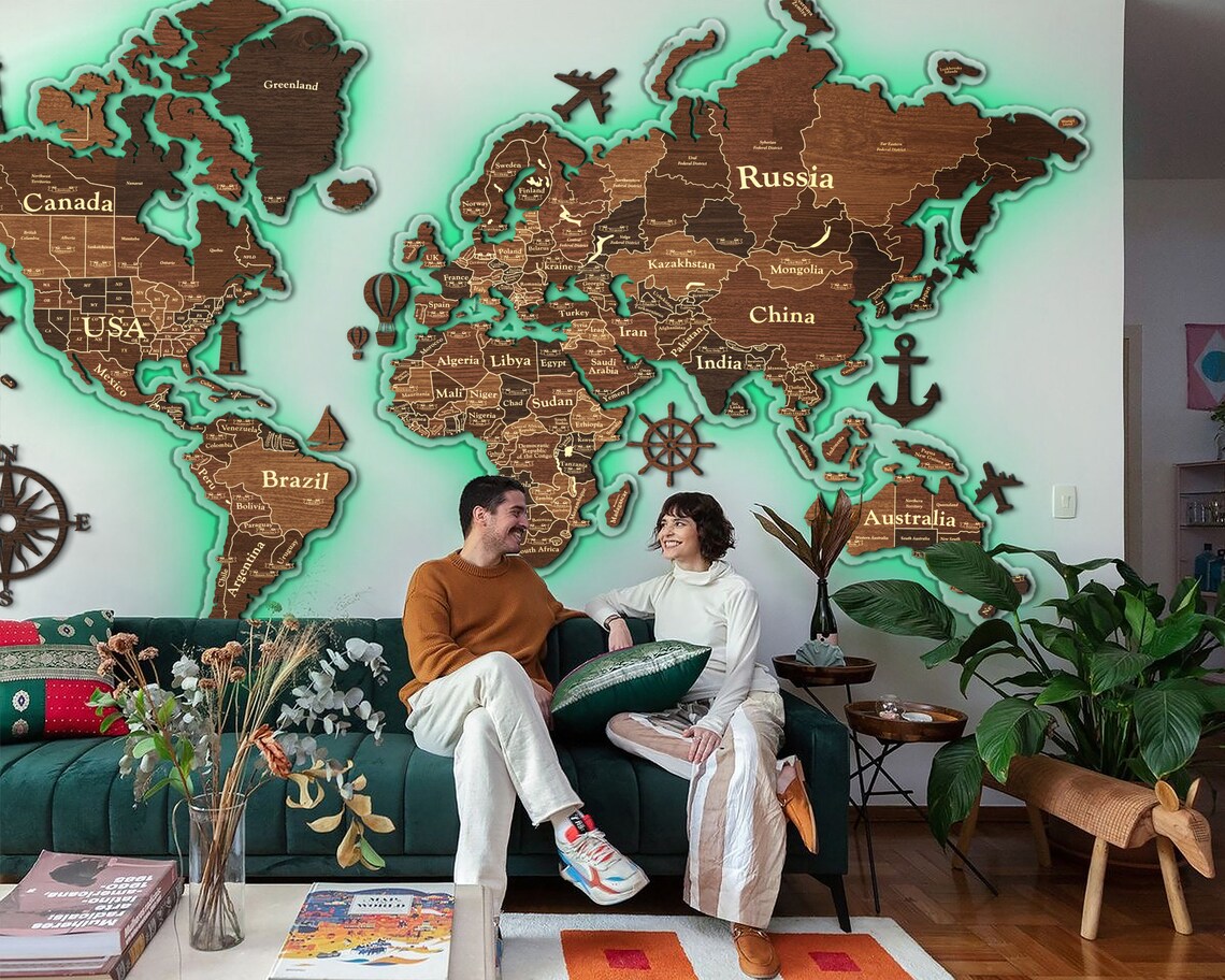 3D Map of the World With LED Lighting 3D Wood Family Travel | Etsy