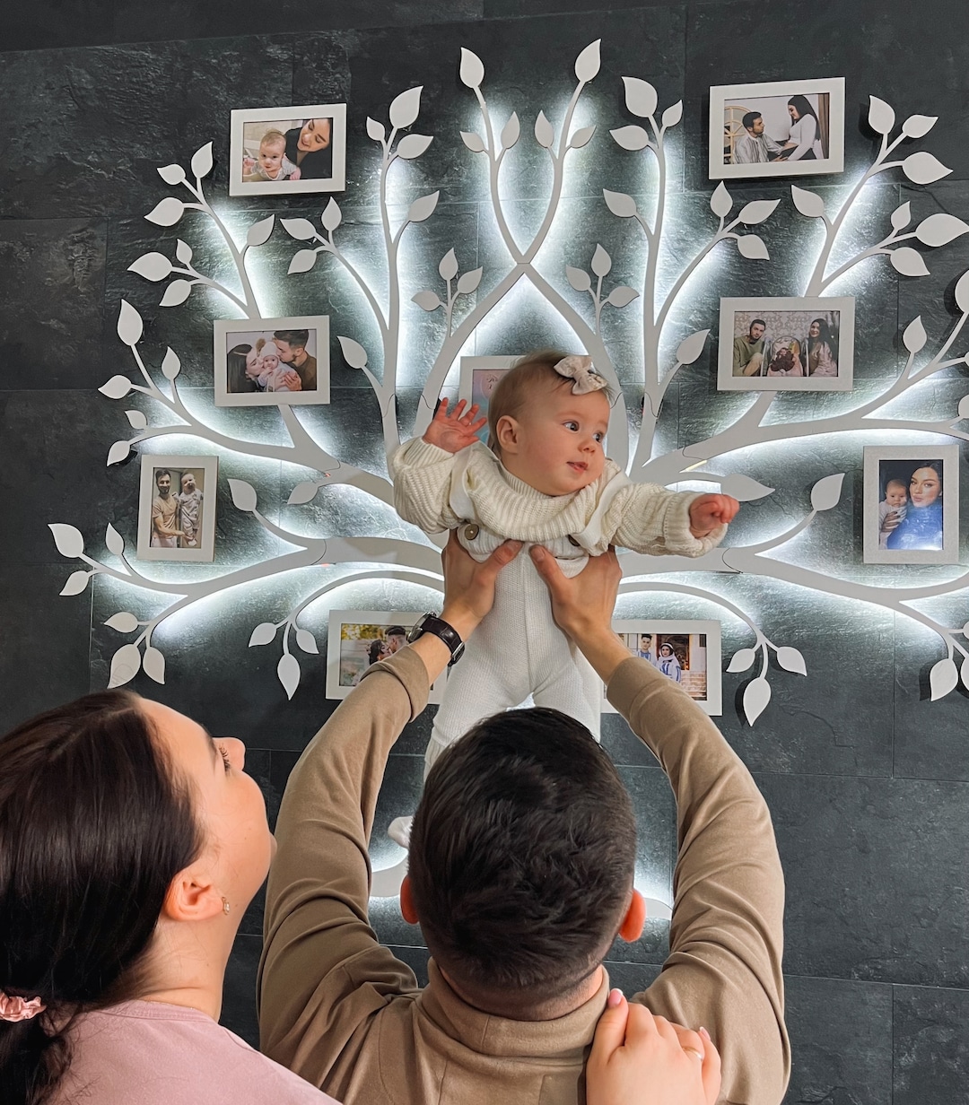 Led Family Tree With Wooden Photo Frames, Led Decor, Light Wood Family ...
