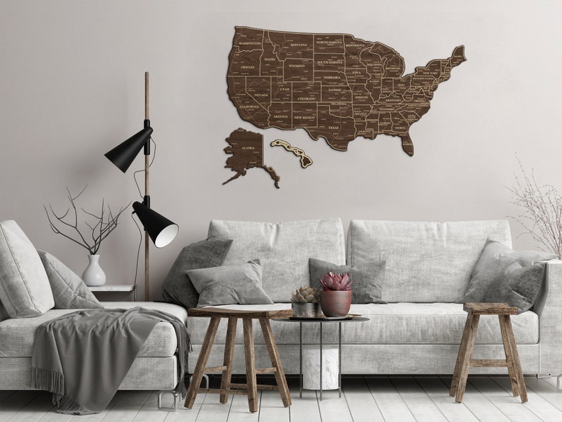 Wooden US Map in Light Walnut Color Map of the United States | Etsy