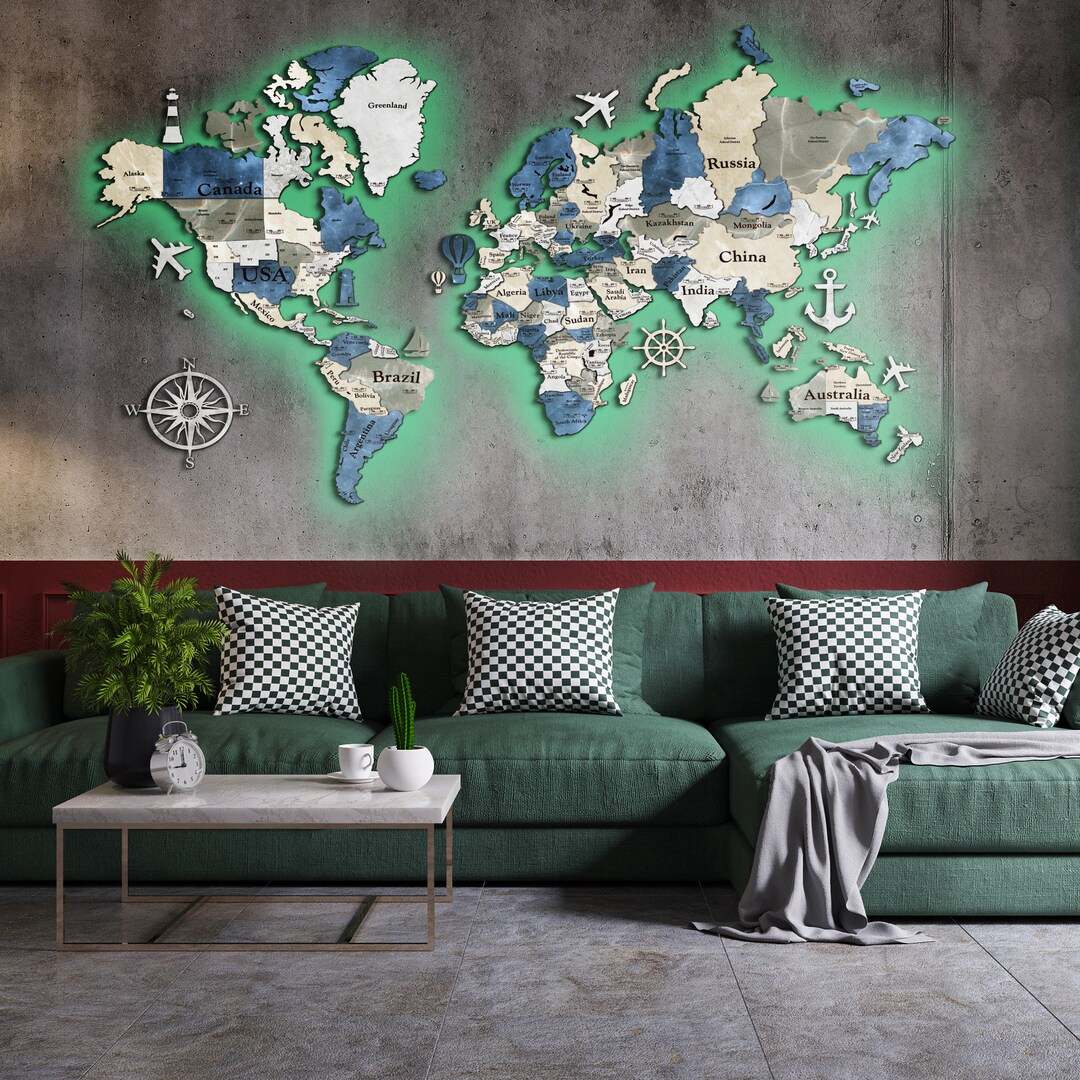 Extra Large 3D Wooden Map of the World With LED Lights, Led Wall Map ...