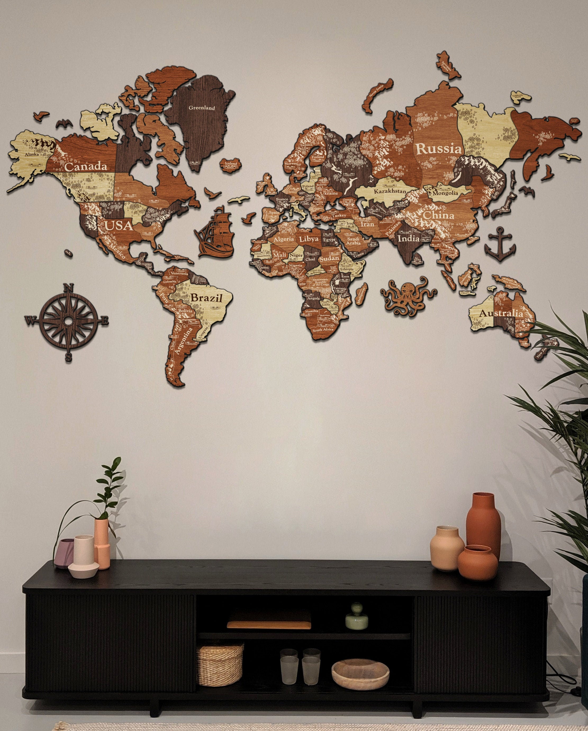 3D Wood Push Pin Map in Walnut And Rosewood Colors 3D Wood | Etsy