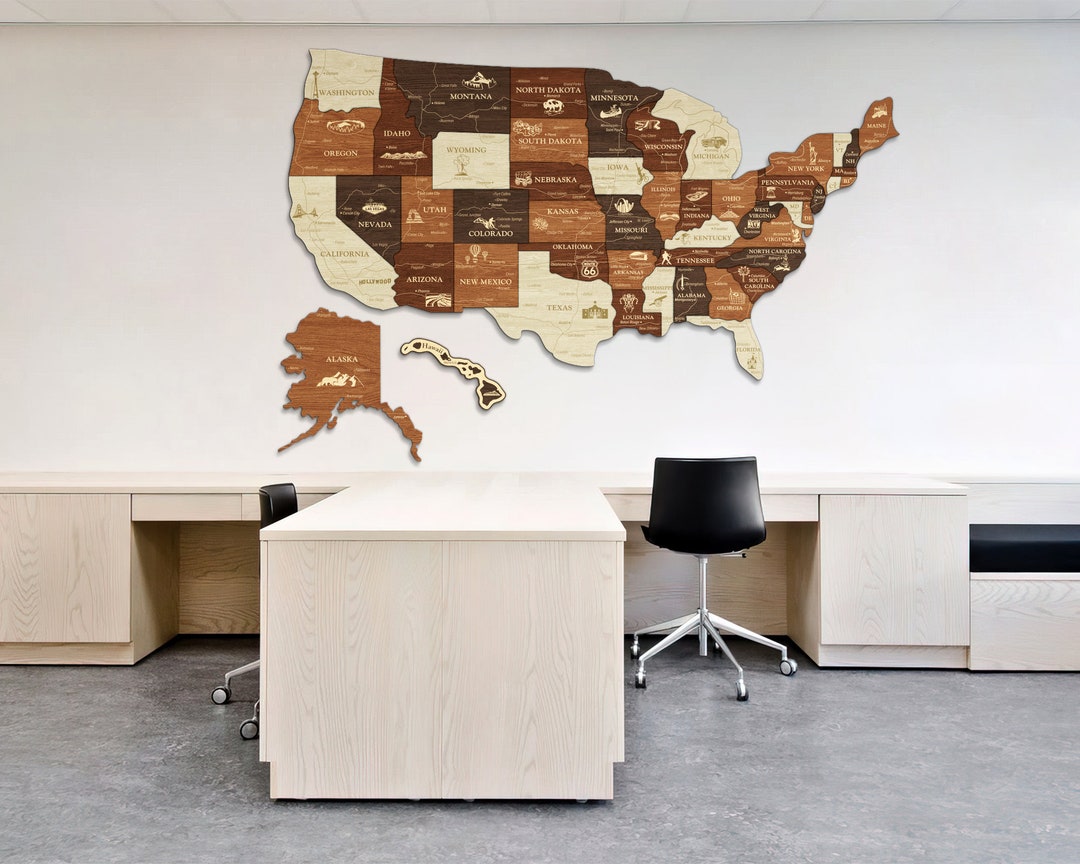 Push Pin US Map, Wooden 3D USA Map With Famous Landmarks, Wooden Wall ...