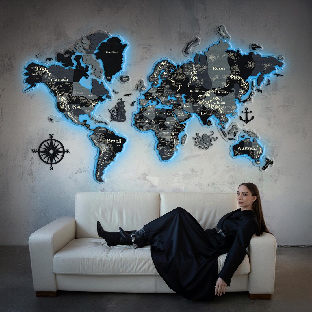 3D LED RGB Map of the World, Neon Map Wall, 3D Wooden World Map ...