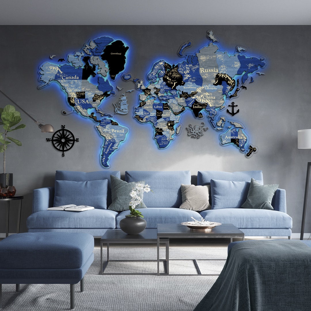 World Map Wall Art, LED 3d World Map, Personalized Travel Map, Wooden ...