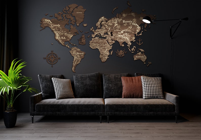Extra Large Wooden World Map With Borders Countries Capitals | Etsy
