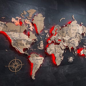 World Map With LED Lighting, Wooden Push Pin Map, 3D Led Backlight Map, RGB LED 3D Wood Family ...