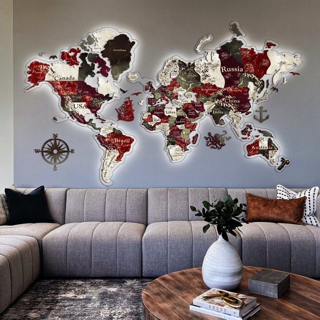 Wall LED Lighting Wooden Map, Wall Map, 3D LED Wooden Map of the World ...