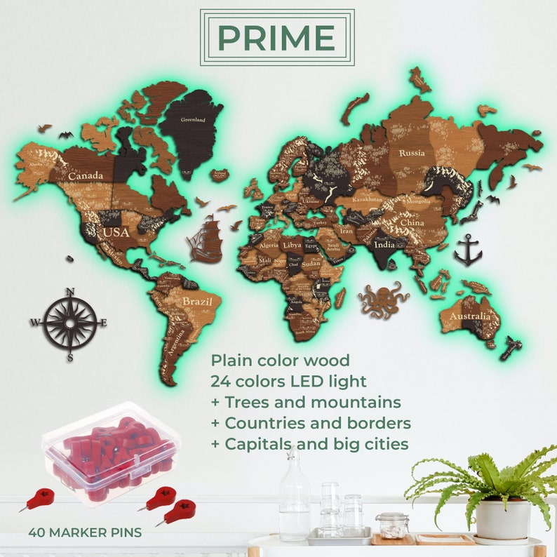 3D Led Backlight Map Wooden Push Pin Map RGB LED 3D Wood - Etsy