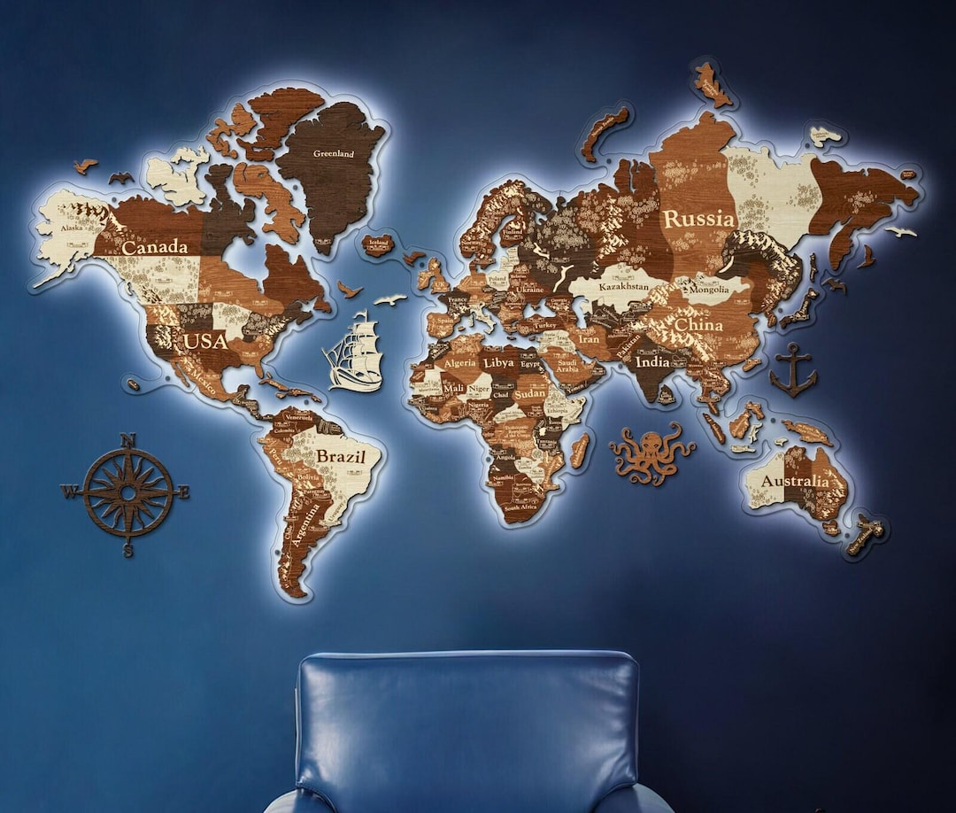 3D Led Backlight Map, Wooden Push Pin Map, RGB LED 3D Wood Family Travel Map, Wall Light Map ...