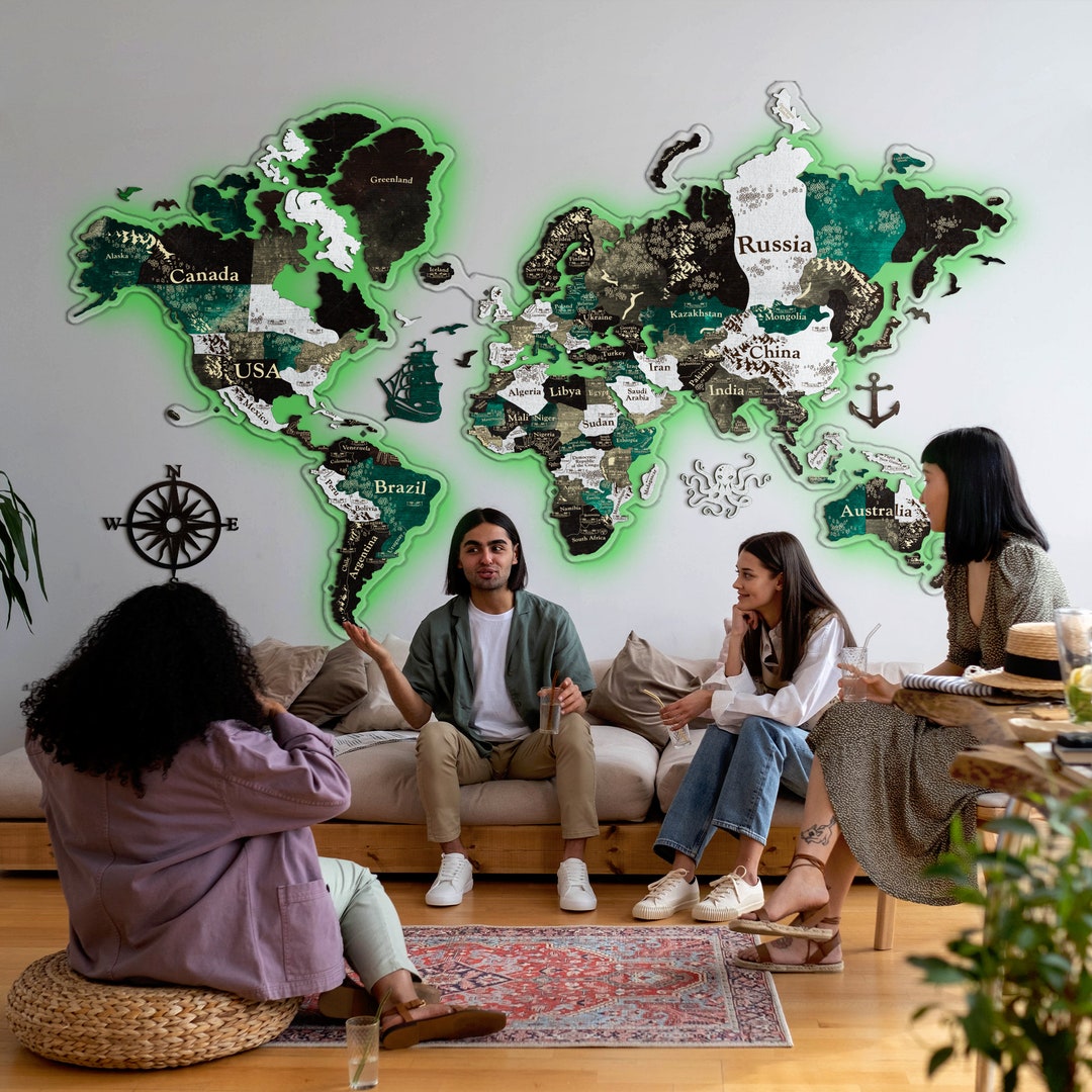 Wall Light Map 3D LED Wooden Map of the World Illuminated - Etsy