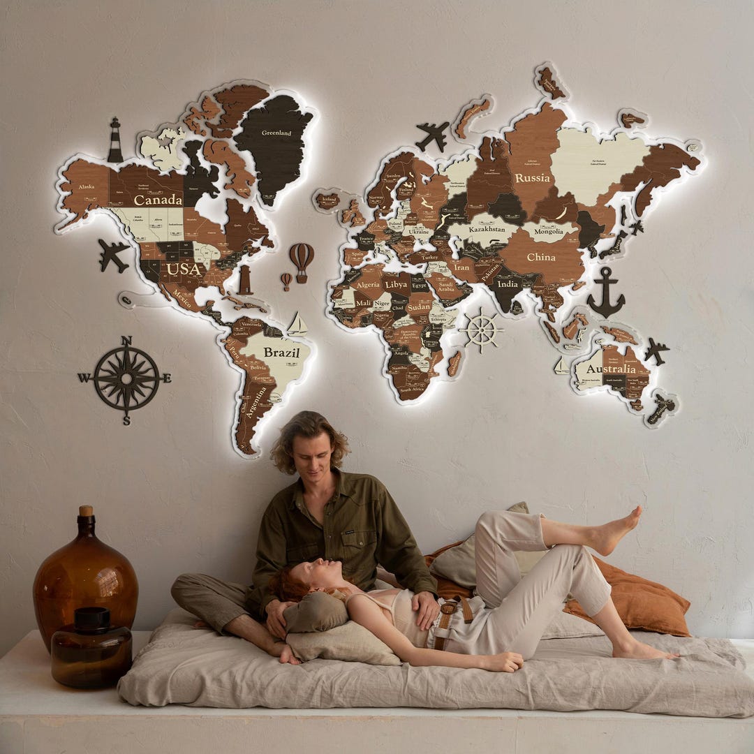 Led 3D Wall Map Art, Led Wall Art, Apartment Decor, World Map With LED ...