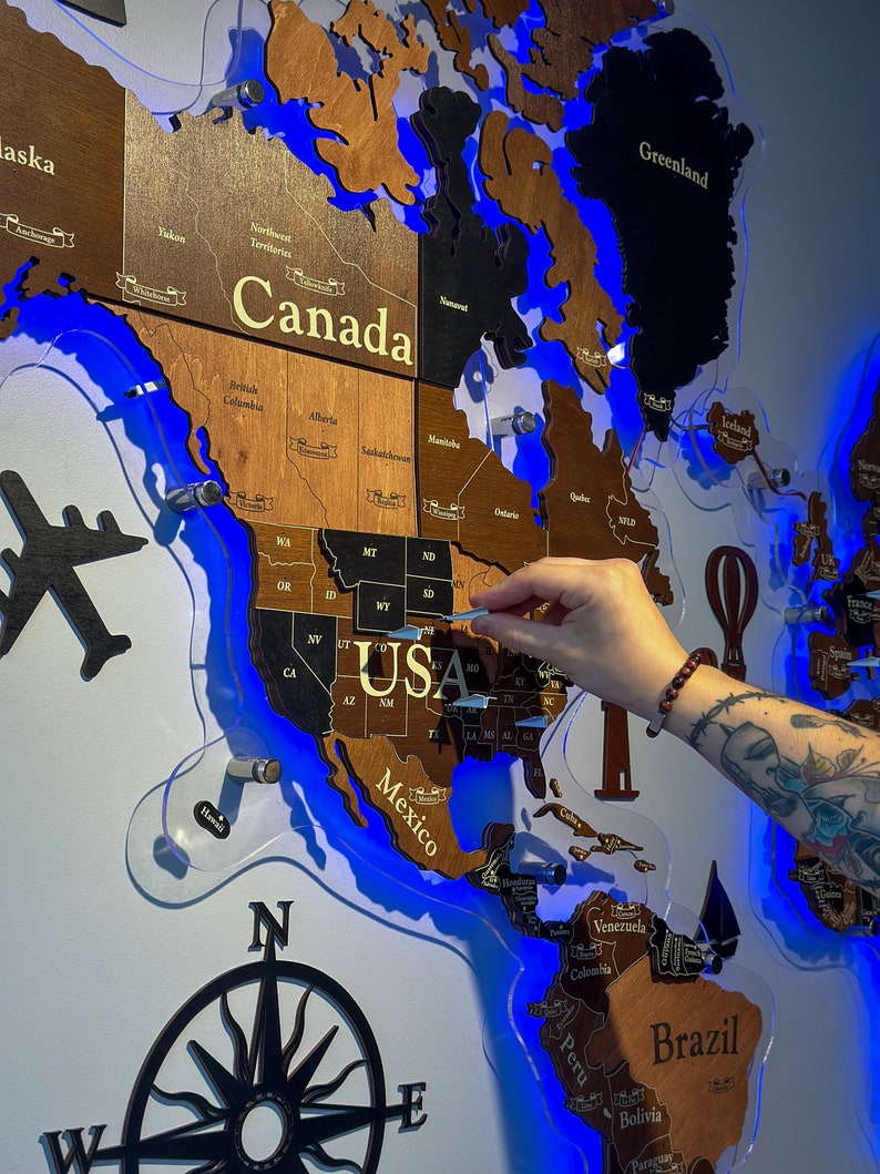 3D Wooden Wall Map Art Led Wall Art Illuminated Map of - Etsy