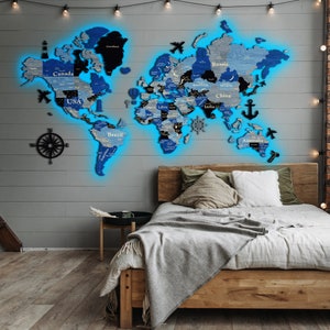 Illuminated World Map, 3D Led World Map, Push Pin Map, 3D Backlight Map, Wood Travel Map, Gift ...