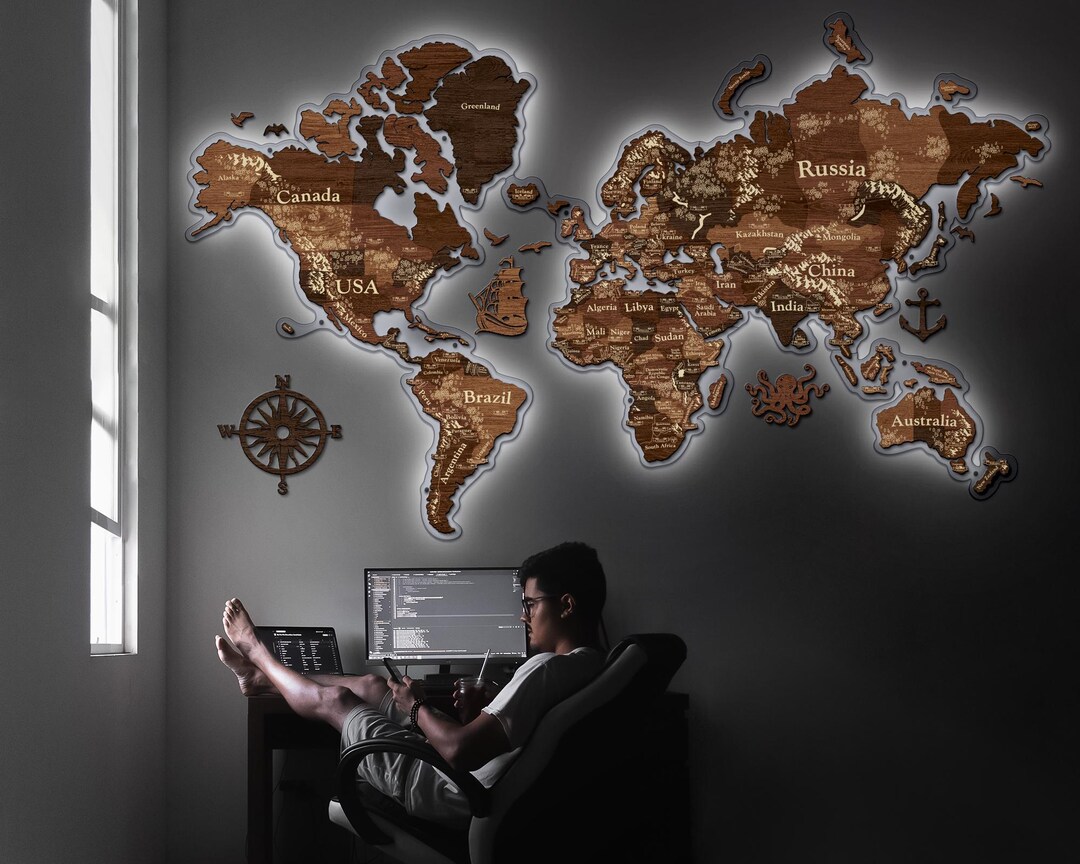 Remote Control RGB LED Wall Map, Illuminated Map, 3D Wooden Push Pin ...