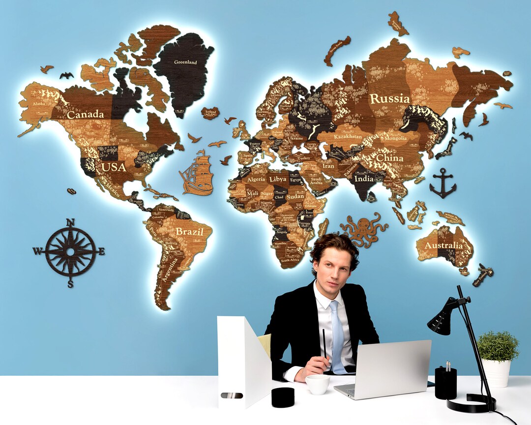 3D Wooden Push Pin Map With Leds, Remote Control RGB LED Wall Map ...