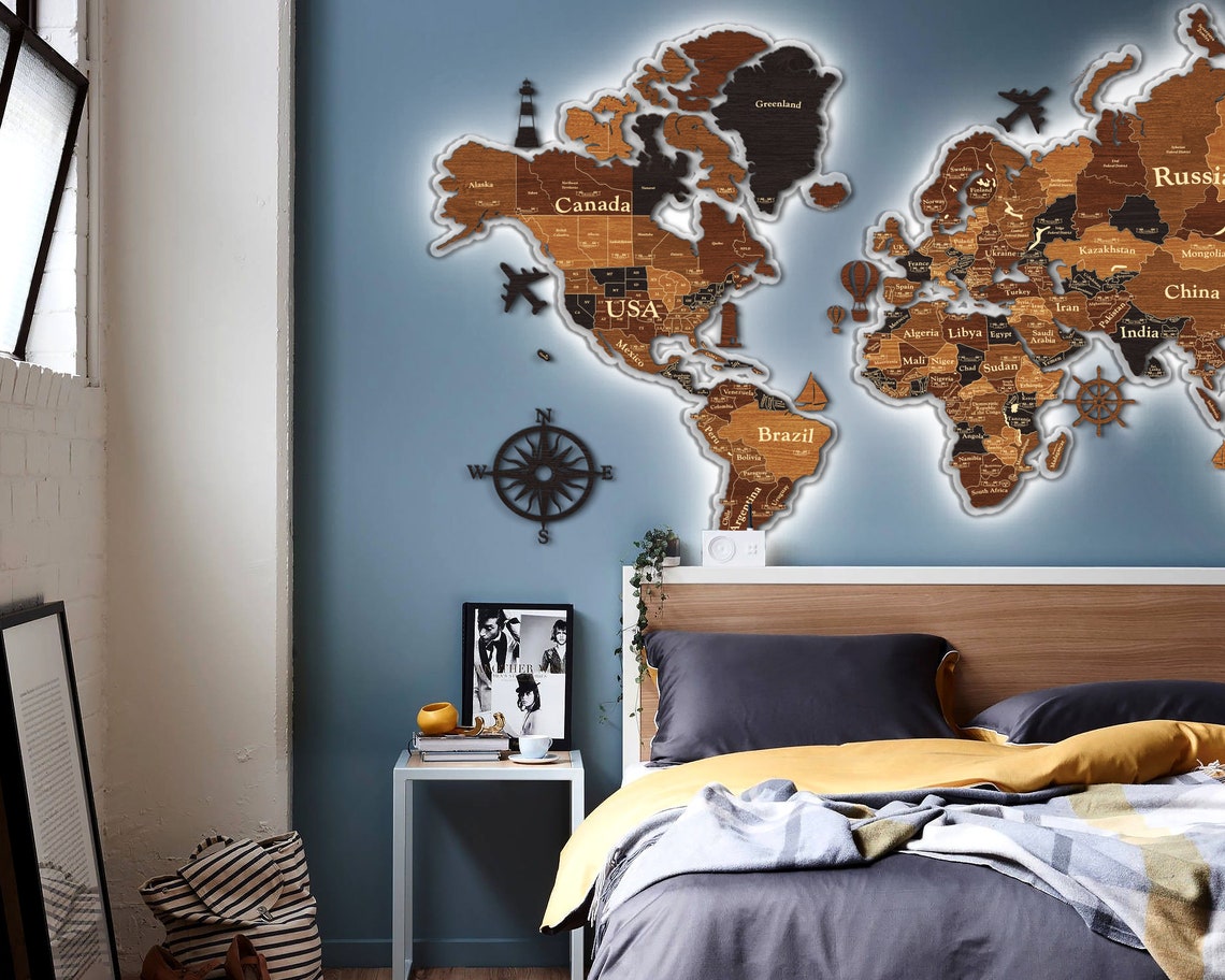 3D Map of the World With LED Lighting 3D Wood Family Travel - Etsy UK