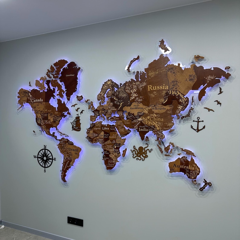 World Map Wall Art, LED 3d World Map, Personalized Travel Map, Wooden ...