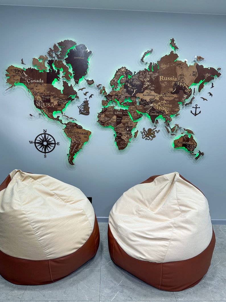 RGB LED 3D Wooden World Map 3D LED Wooden Map of the World - Etsy