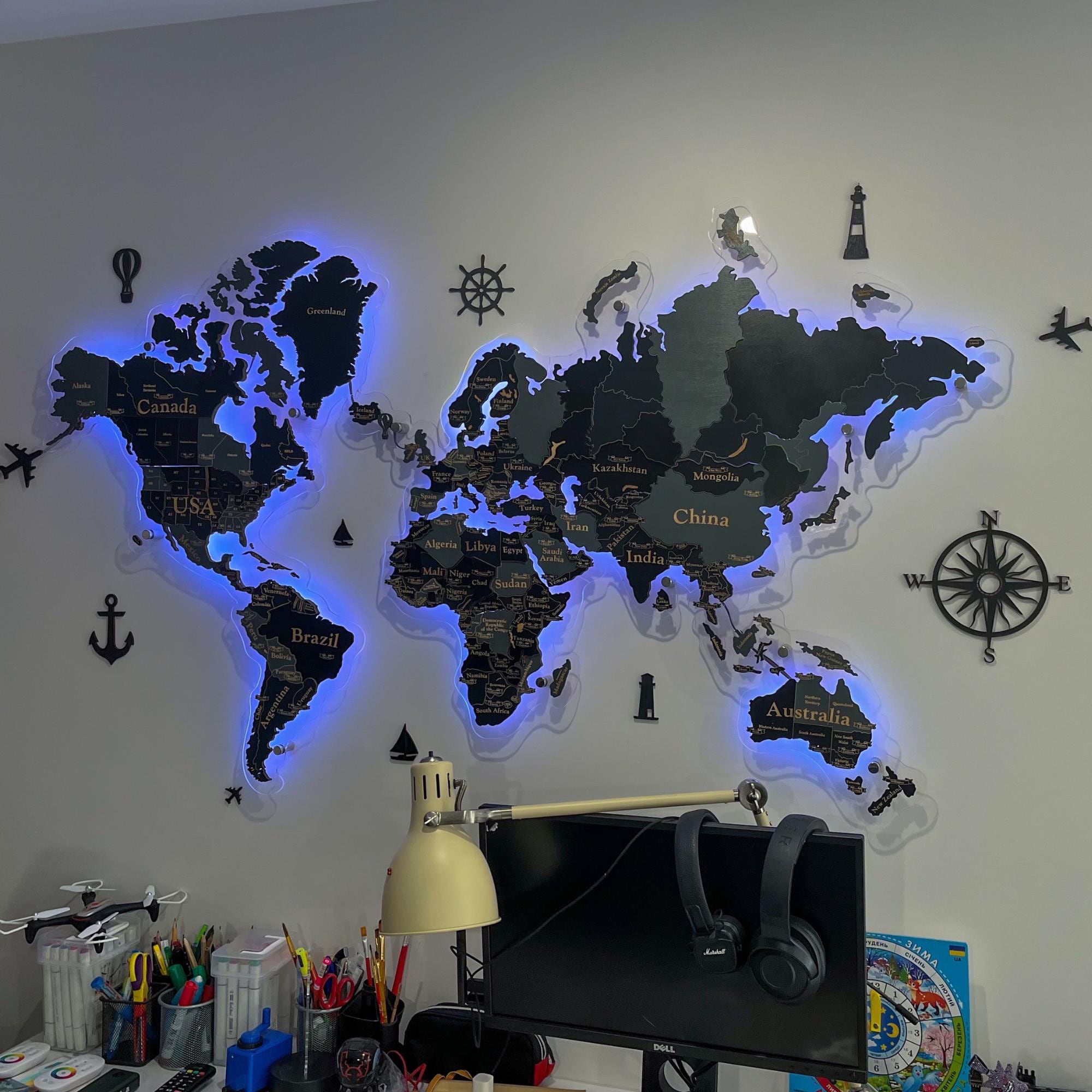 Led 3D Wall Map Art, Led Wall Art, Apartment Decor, World Map With LED ...