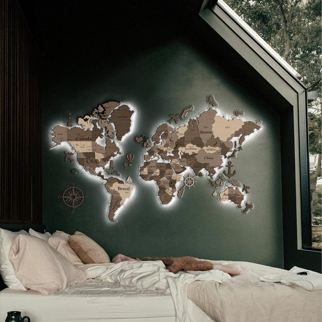 3D World Map With Led, Wooden Wall Map, 3D Led Map of the World, 3D ...