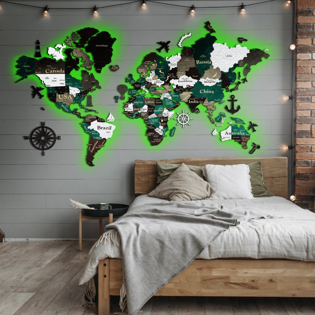 Neon Light Map, Led Wall Map Illuminated Decor, 3D Wooden Push Pin Map ...