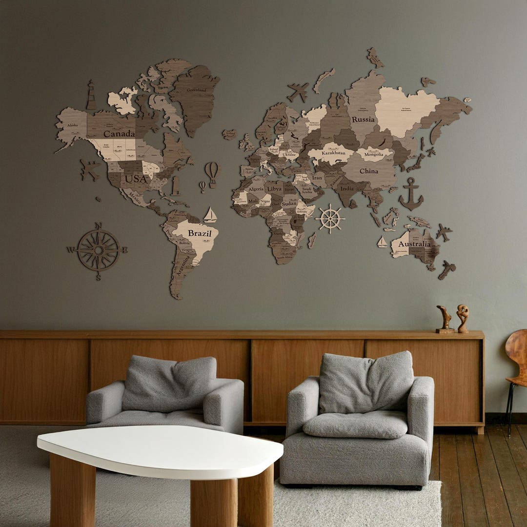 3D Large Family Travel Map, Rustic Push Pin Map, Wood World Map, 3D Map ...