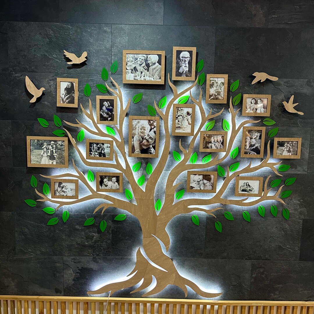 Family Photo Collage With Led Backlit, Wood Led Tree With Photo Frames ...