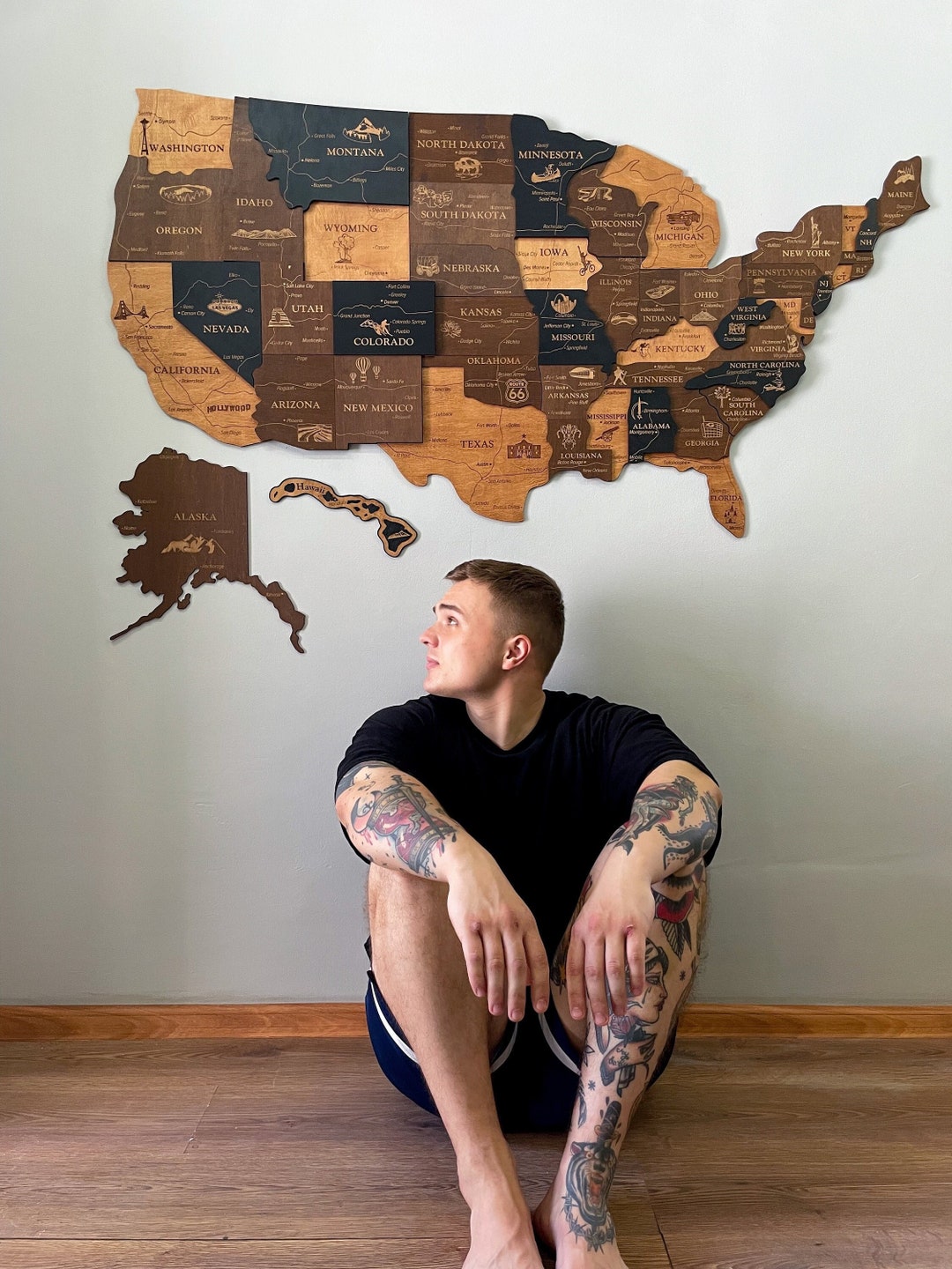 US Wall Map, Wooden Wall Map Art, 3D Map of United States, Wooden Push ...