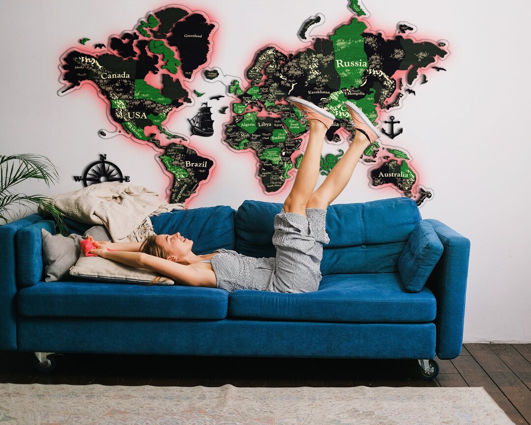 Large Led Neon Wall Map, Large Wall Map, 3D Wooden Push Pin Map With ...