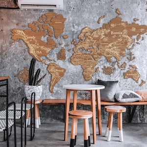 Extra Large Wooden World Map With Borders, Countries, Capitals Engraved ...
