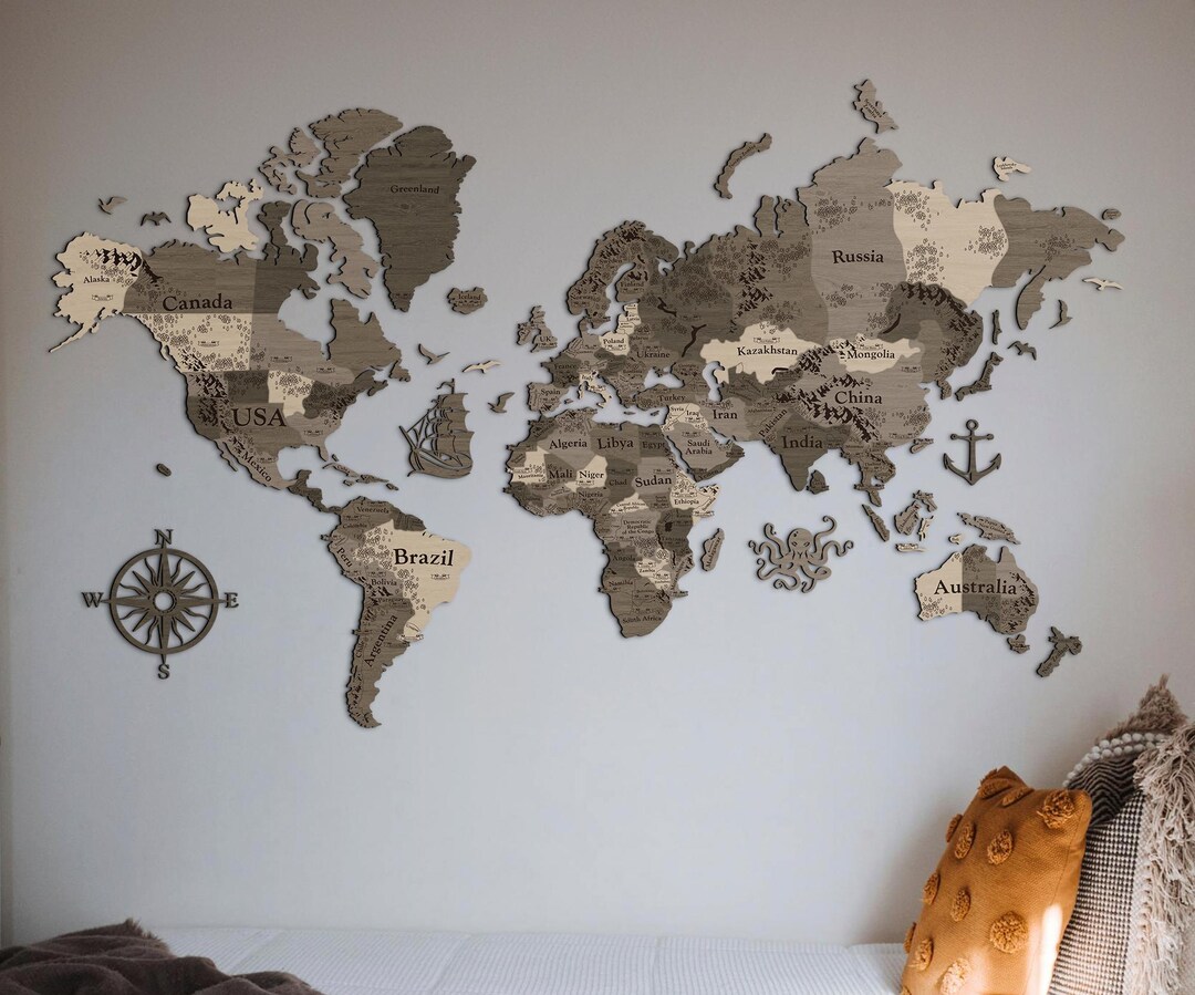 3D Wood Map of the World, Wood Push Pin Travel Map, XXL Map Wall Art ...