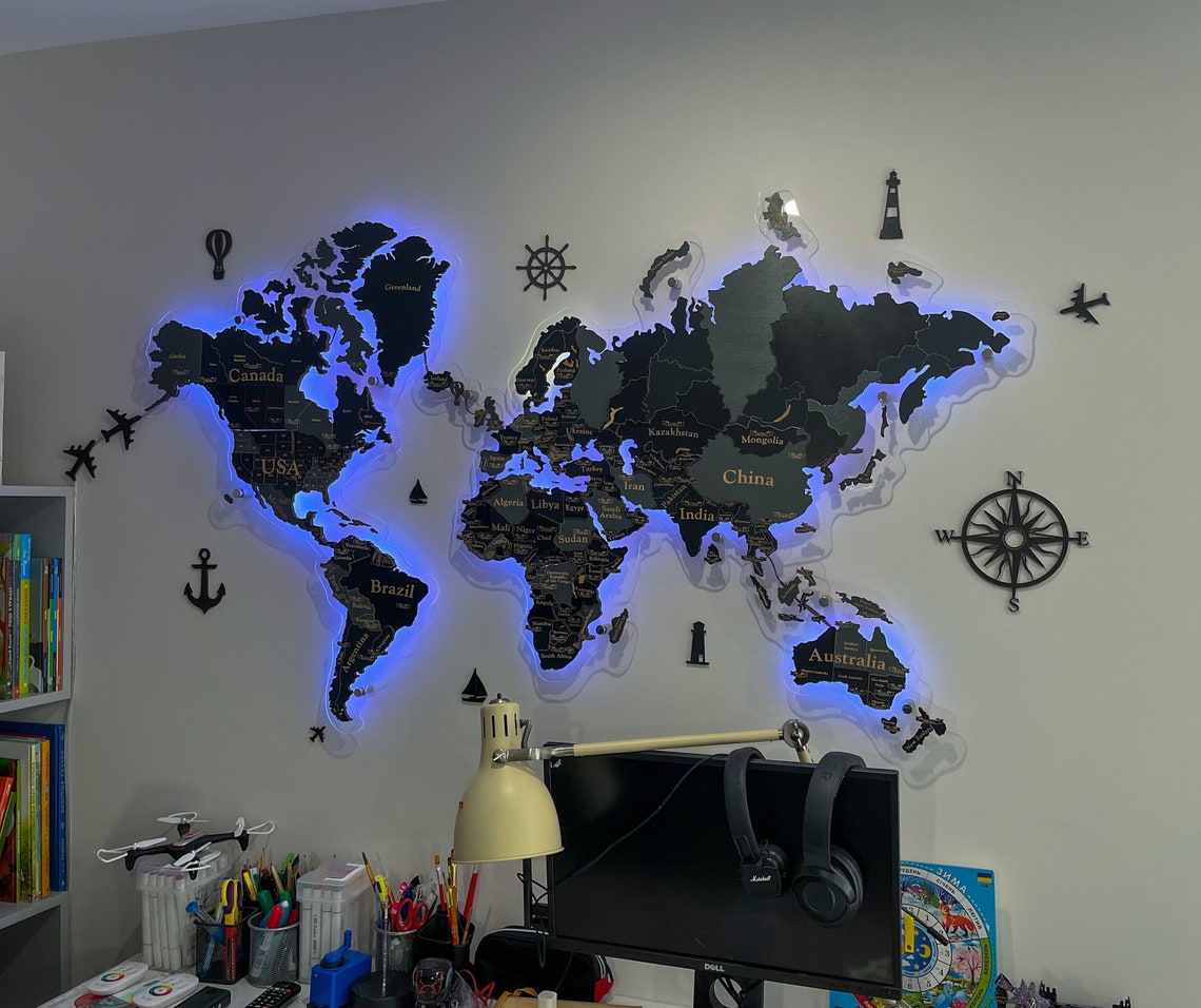 Led Wall Art World Map With LED Lighting Apartment Decor - Etsy