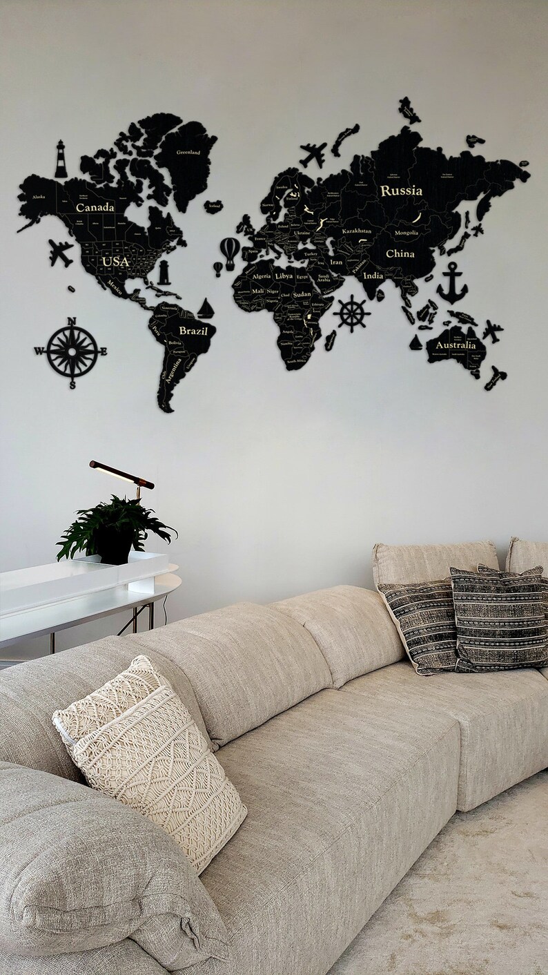 Large World Map Wall Hangings Wood World Map With Borders | Etsy