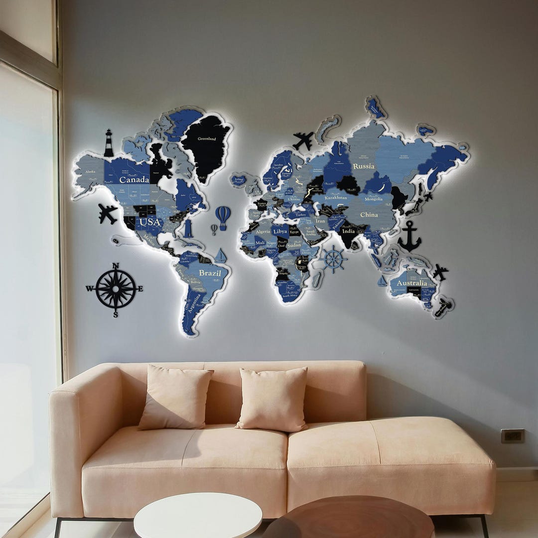 3D Led World Map, Push Pin Map, Illuminated World Map, Wood Travel Map, 3D Backlight Map, Gift ...