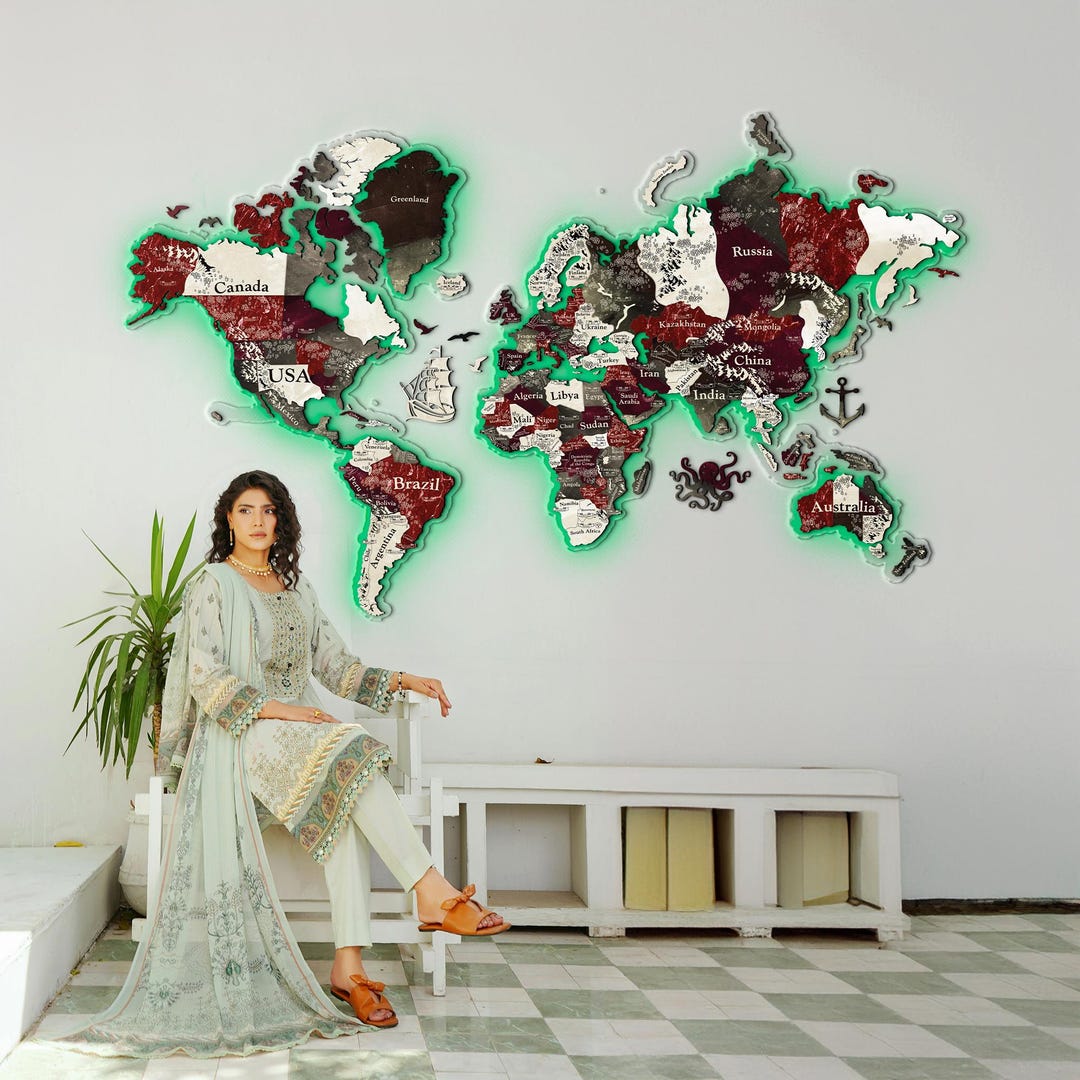 Illuminated Decor, Wooden World Map, Led 3D Wall Map Art, 3D Map of the ...